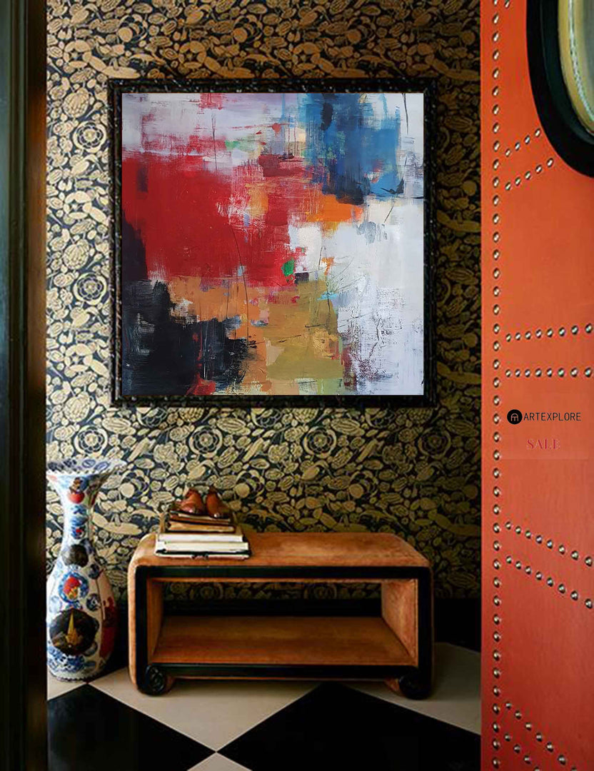 Red Abstract Canvas Art Modern Colorful Canvas Painting Red Square ...