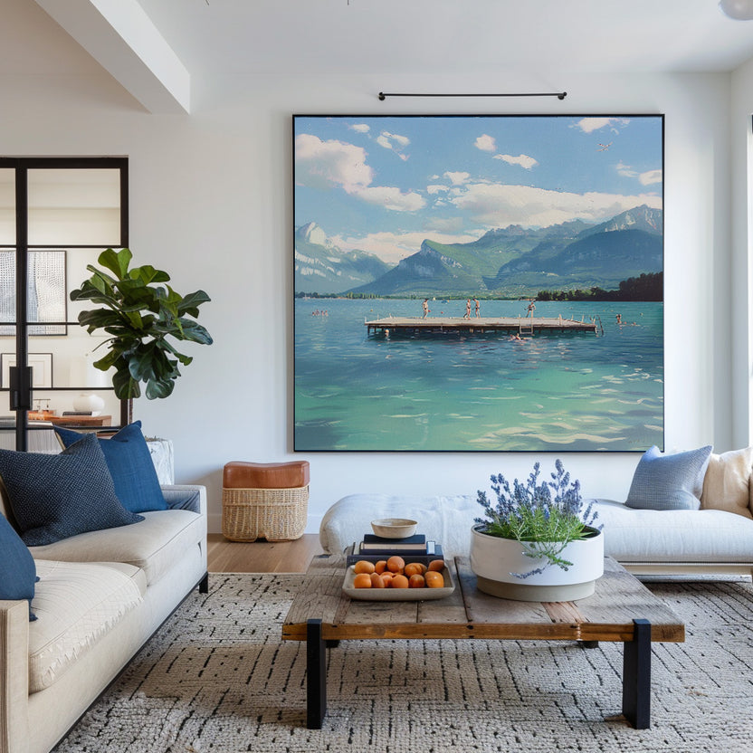 Modern Blue Lake Painting Canvas Art of Swimmers in the Lake Original ...