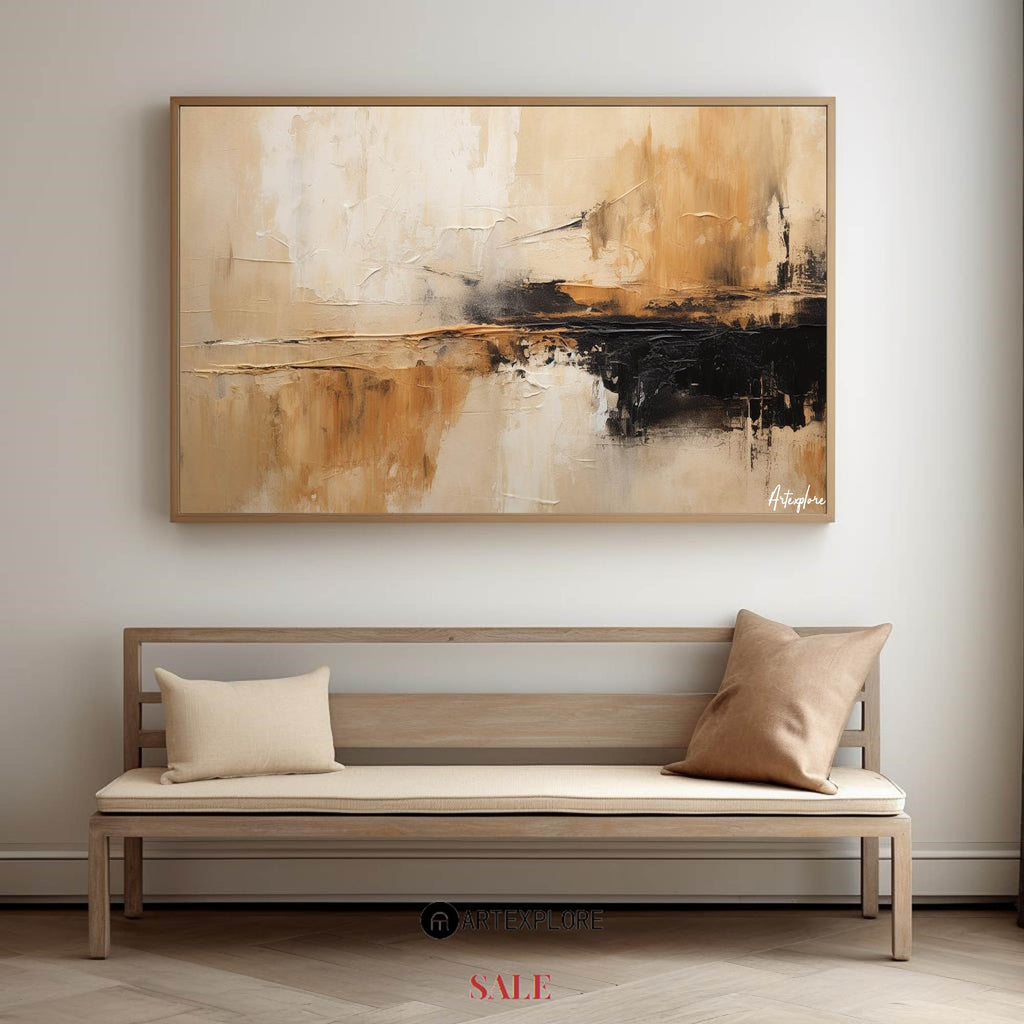 Modern large tan and brown abstract painting, black and beige acrylic ...