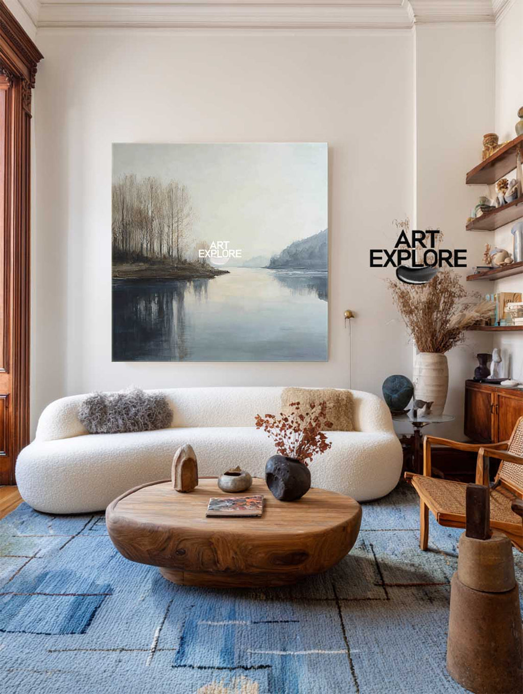 Tranquil Blue Landscape Oil Painting, Minimalist Large Wall Art ...