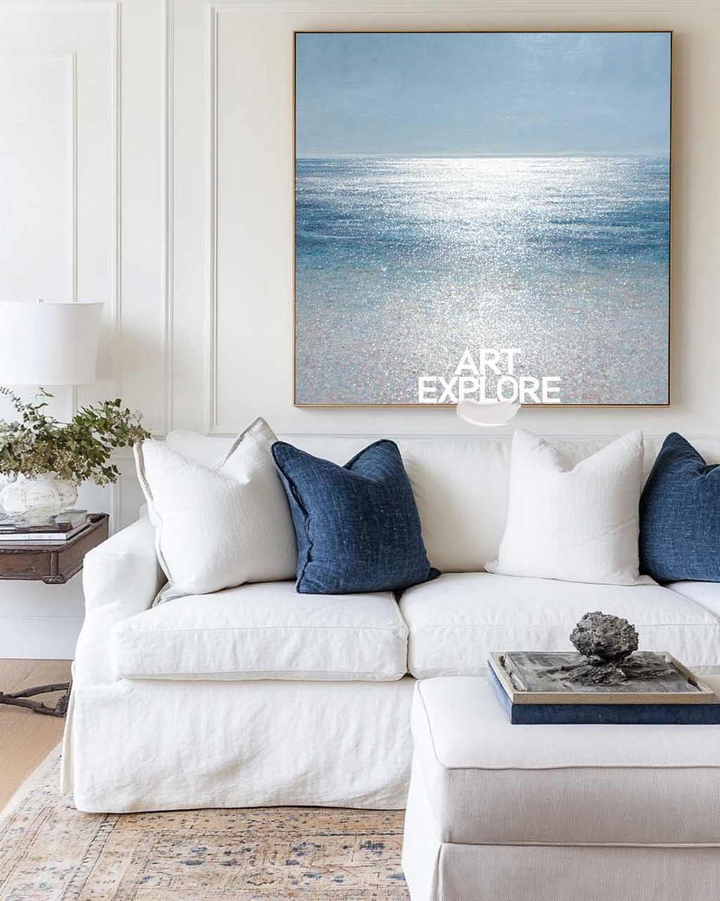 Tranquil Blue Sea Horizon Painting, Handmade Large Canvas Art – ArtExplore
