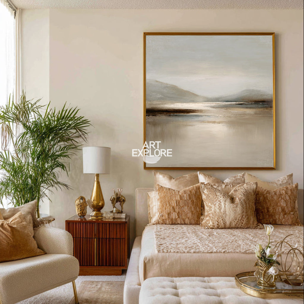 Large Beige Lake Scenery Wall Art | Modern Textured Minimalist ...