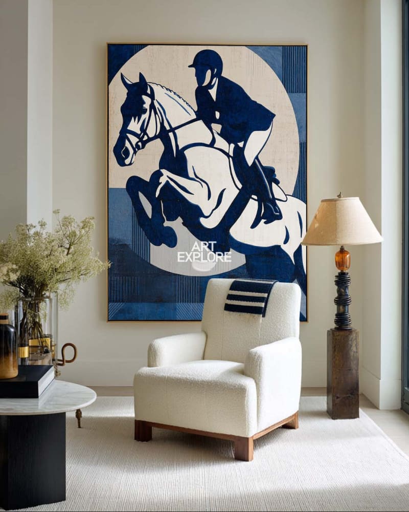 Modern Horse Riding Oil Painting | Navy Blue Equestrian Wall Art For ...