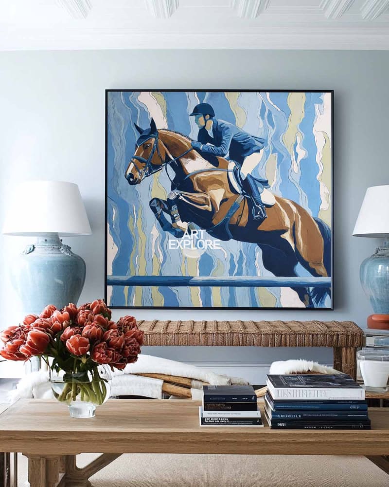 Blue Equestrian Oil Painting | Large Horse Racing Wall Art Livingroom ...