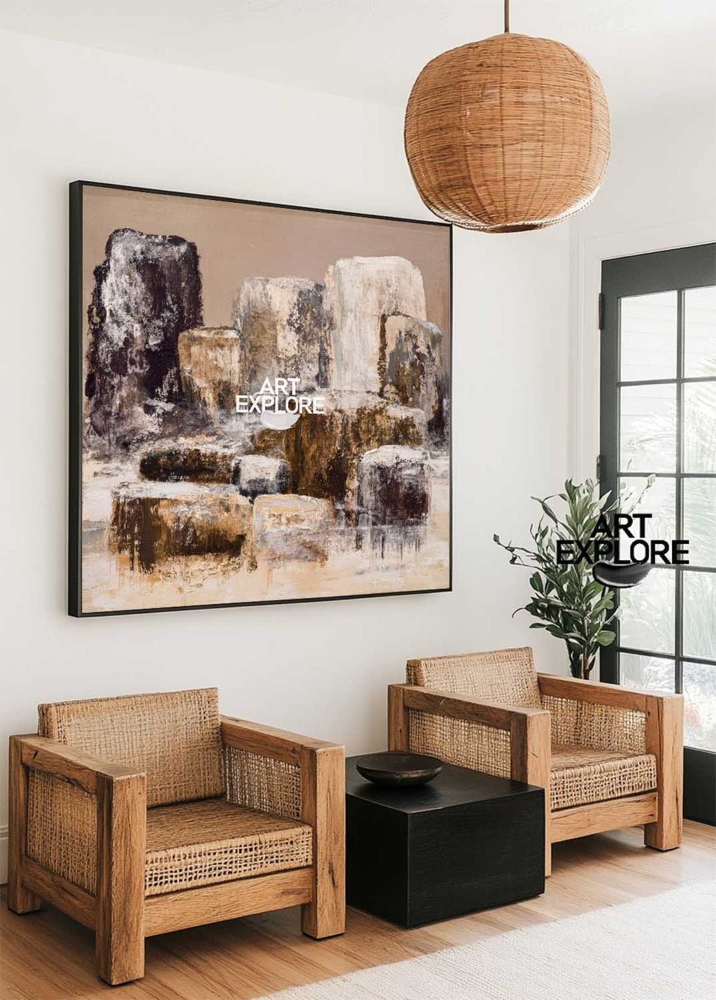 Modern Brown Rock Cliff Painting | Large Handmade Textured Square ...
