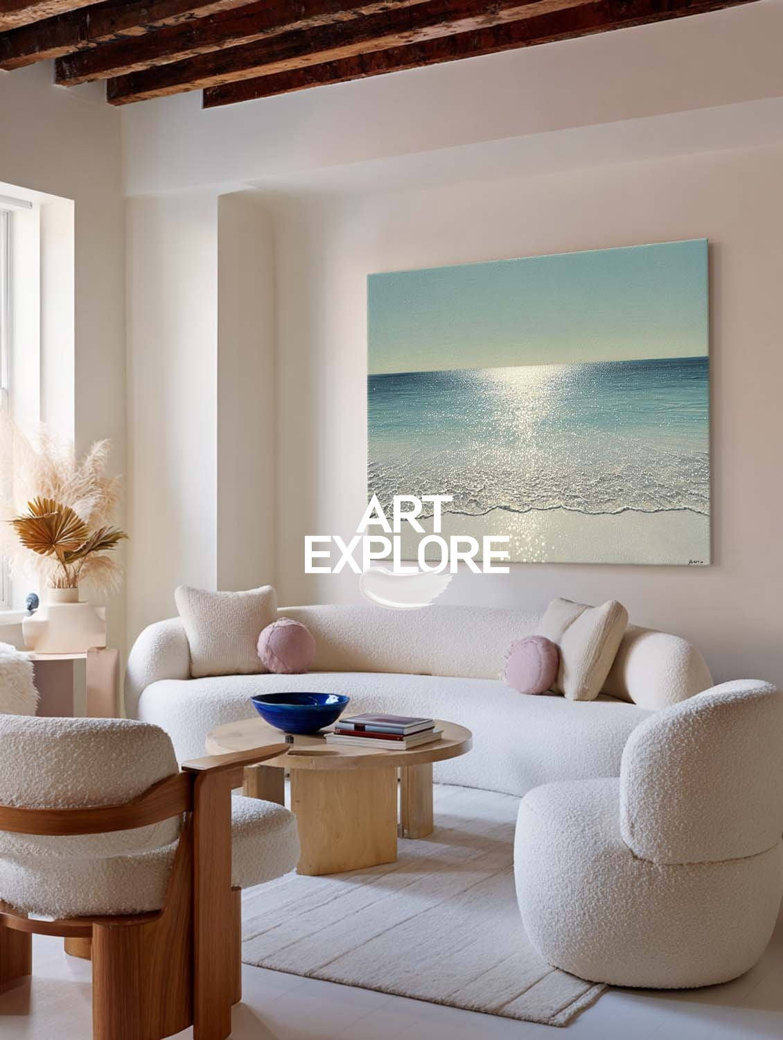 Large Sparkling Blue Sea Wall Art | Horizontal Handmade Beach Painting ...