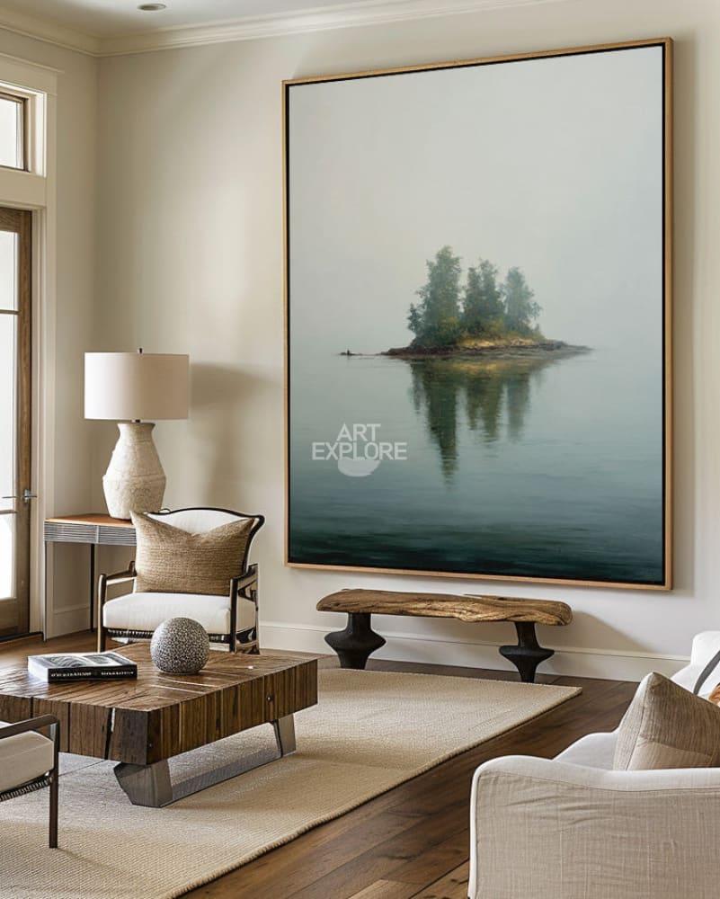 Modern Blue Lake Reflection Painting | Large Vertical Landscape Canvas ...