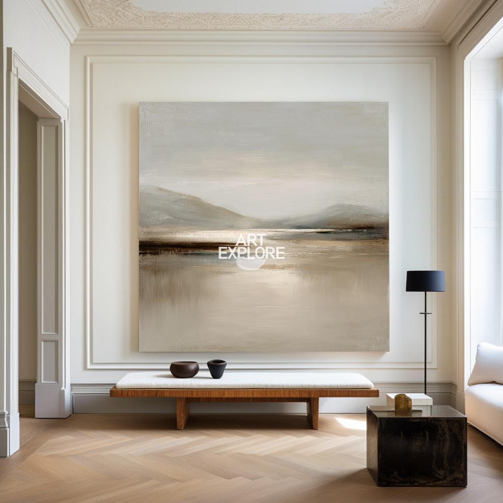 Large Beige Lake Scenery Wall Art | Modern Textured Minimalist ...