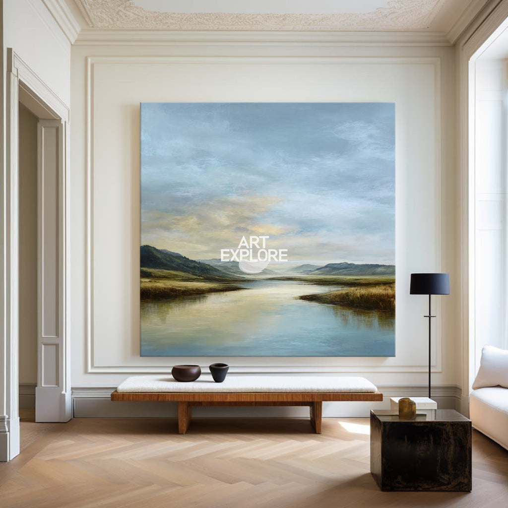 Modern Blue Lake Landscape Oil Painting, Large Lake View Wall Art For ...