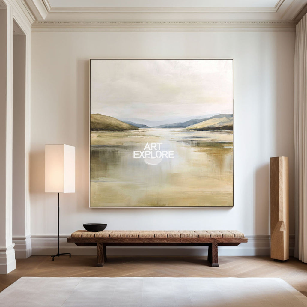 Modern Beige Oasis Landscape Wall Art, Large Textured Oil Painting For ...