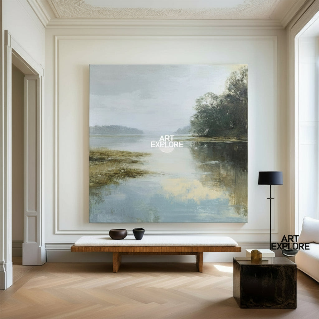 Blue Green Lake Oil Painting, Large Square Wall Art for Home – ArtExplore