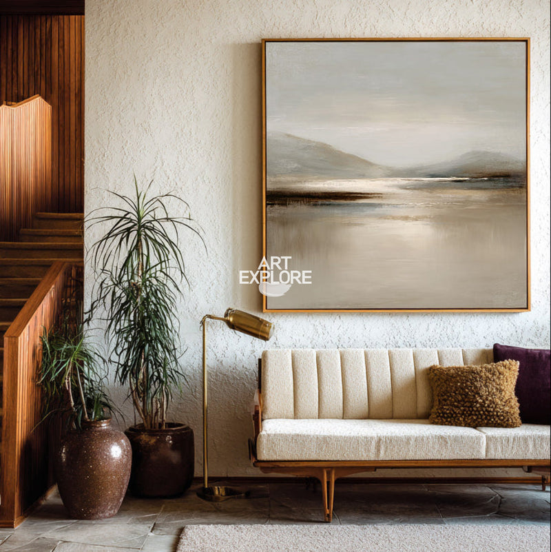 Large Beige Lake Scenery Wall Art | Modern Textured Minimalist ...