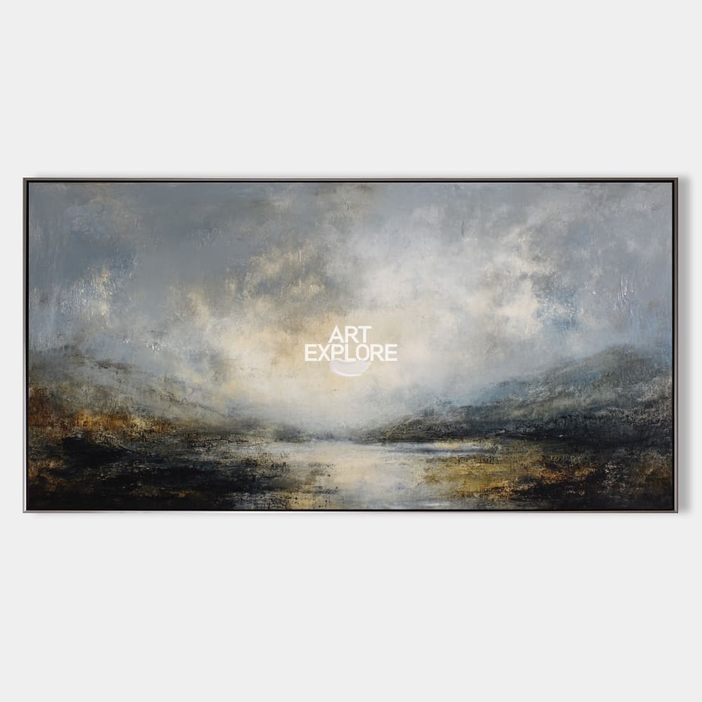 Modern Dark Lake View Large Textured Oil Painting, Minimalist Landscape ...