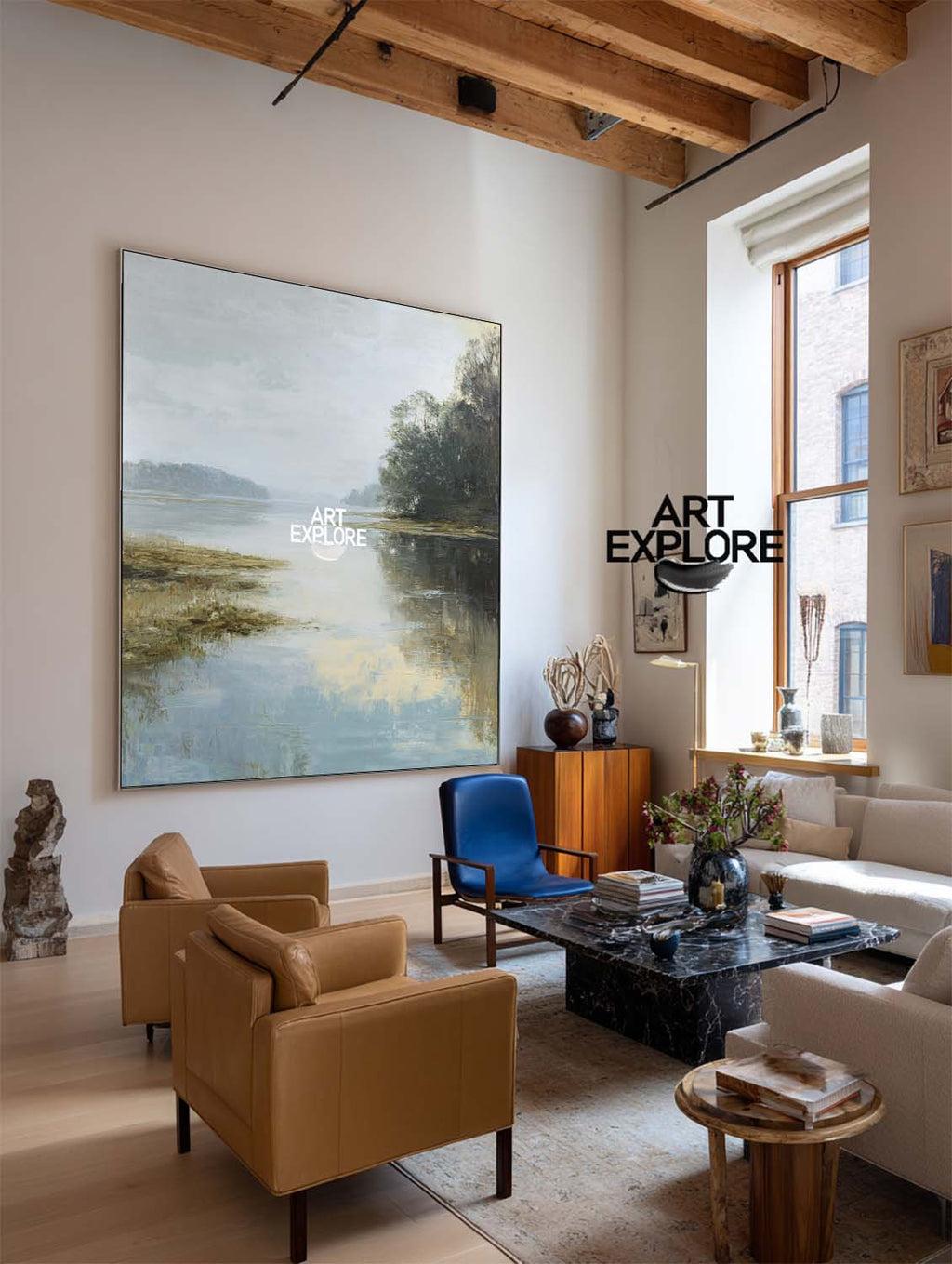 Blue Green Lake Oil Painting, Large Square Wall Art for Home – ArtExplore