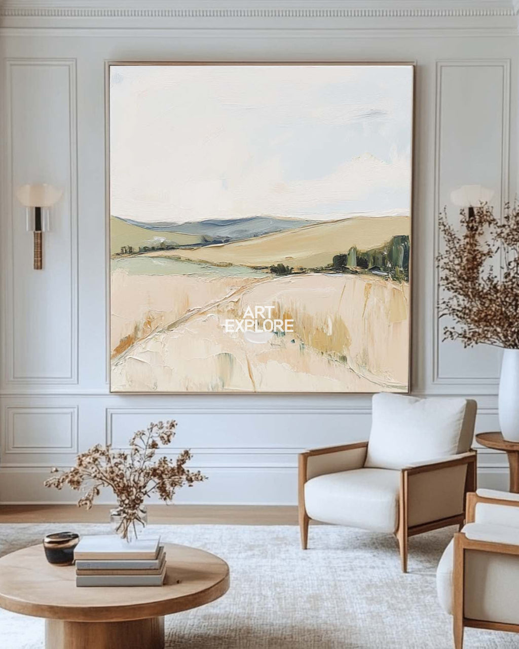 Natural Field Scenery Painting Beige Landscape Texture Wall Art Large ...