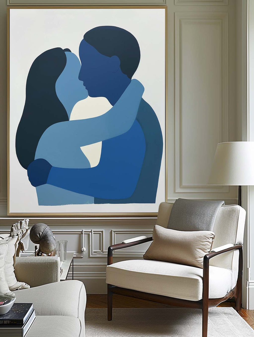 Large Loving Couple Canvas Painting Blue Minimalist Kissing Lovers ...