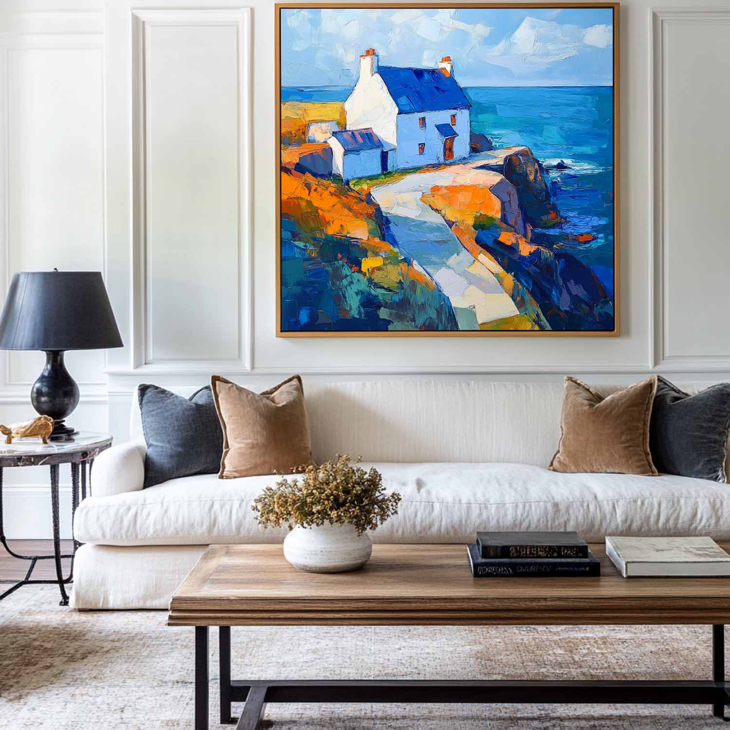 Blue Textured Landscape Wall Art Modern Countryside View Painting Large ...