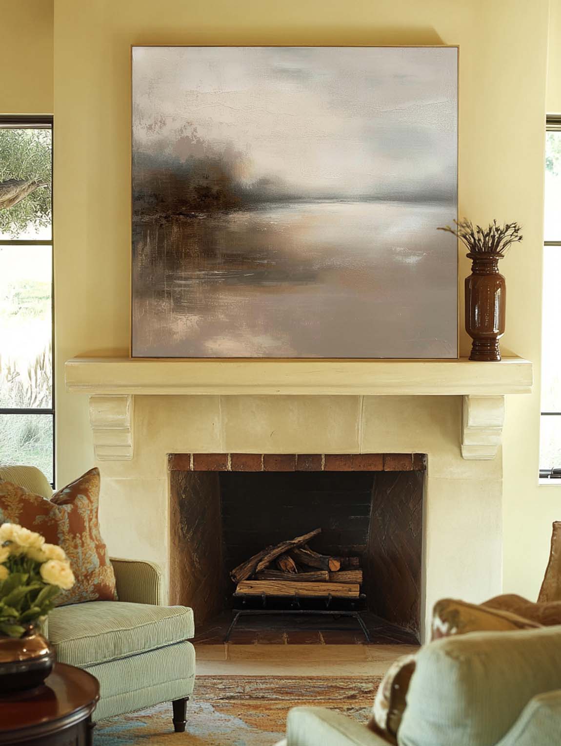 Dark Beige Lake View Painting Modern Landscape Canvas Painting Large ...