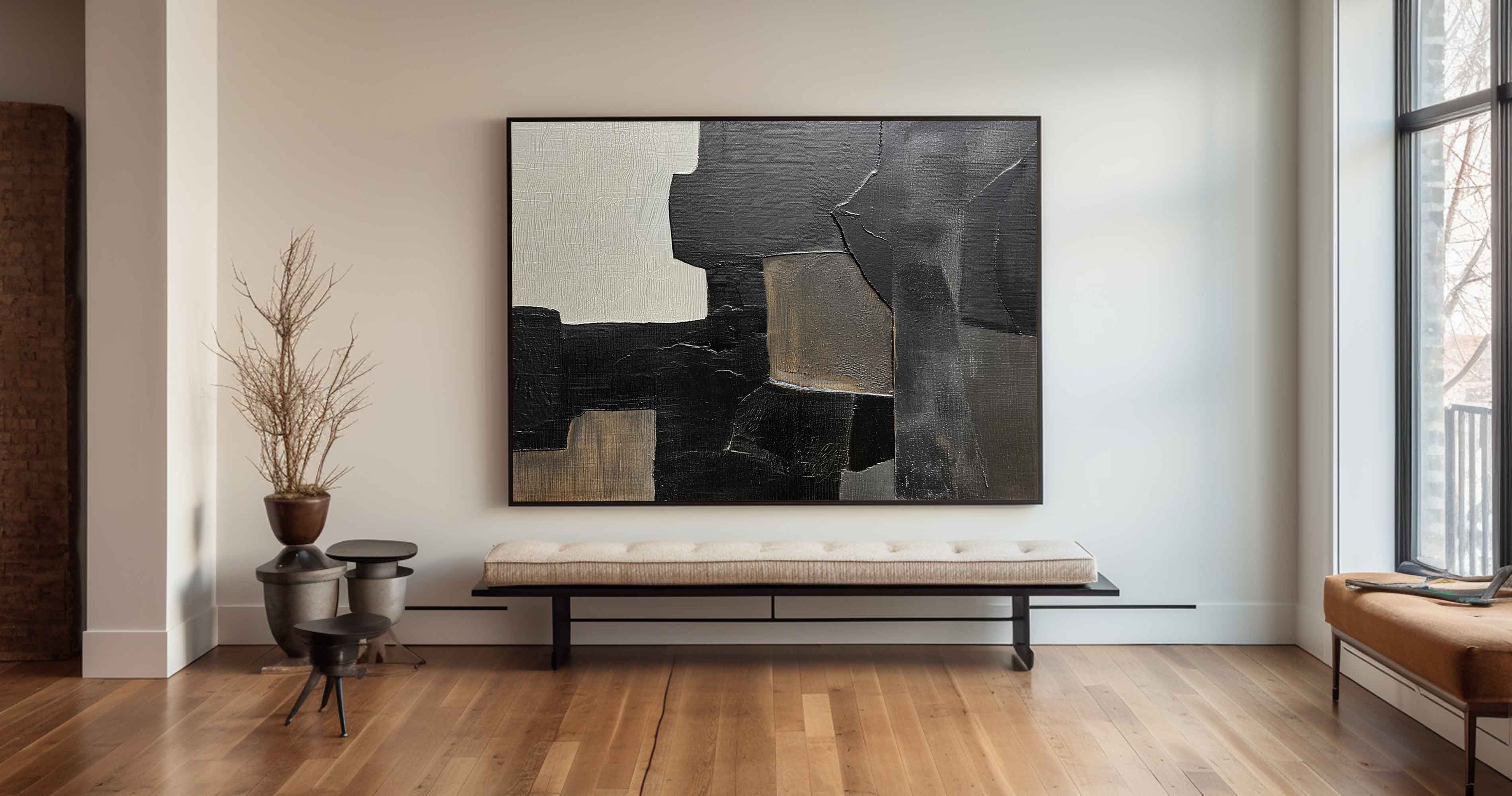 Black And Grey Wall Art Modern Abstract Acrylic Art Canvas Painting For ...