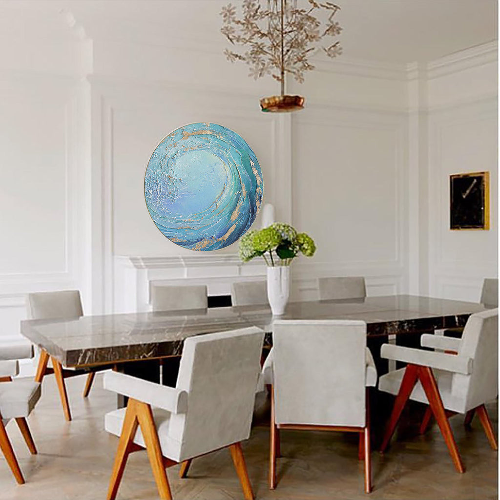Modern Abstract Art Blue Wave And Ocean Painting Circular Wall Art ...