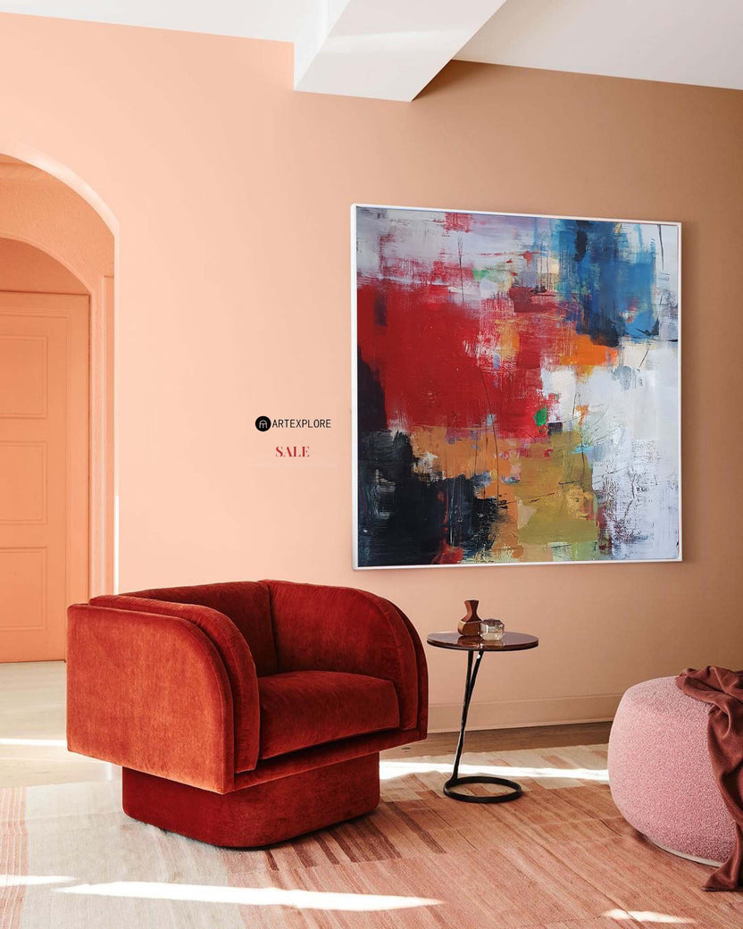 Red Abstract Canvas Art Modern Colorful Canvas Painting Red Square ...