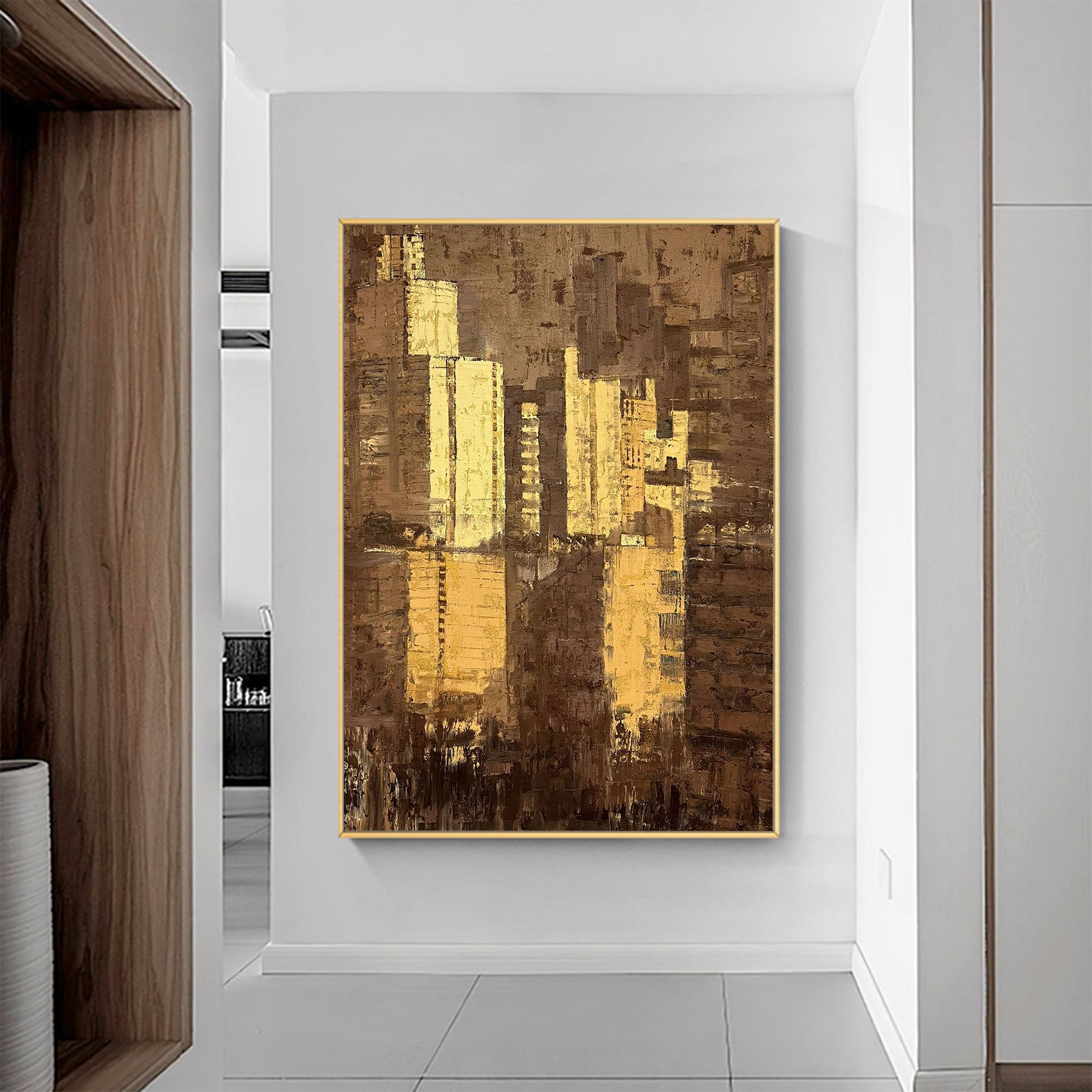 Large Brown Gold Abstract Cityscape Canvas Art Modern Abstract Wall Art ...