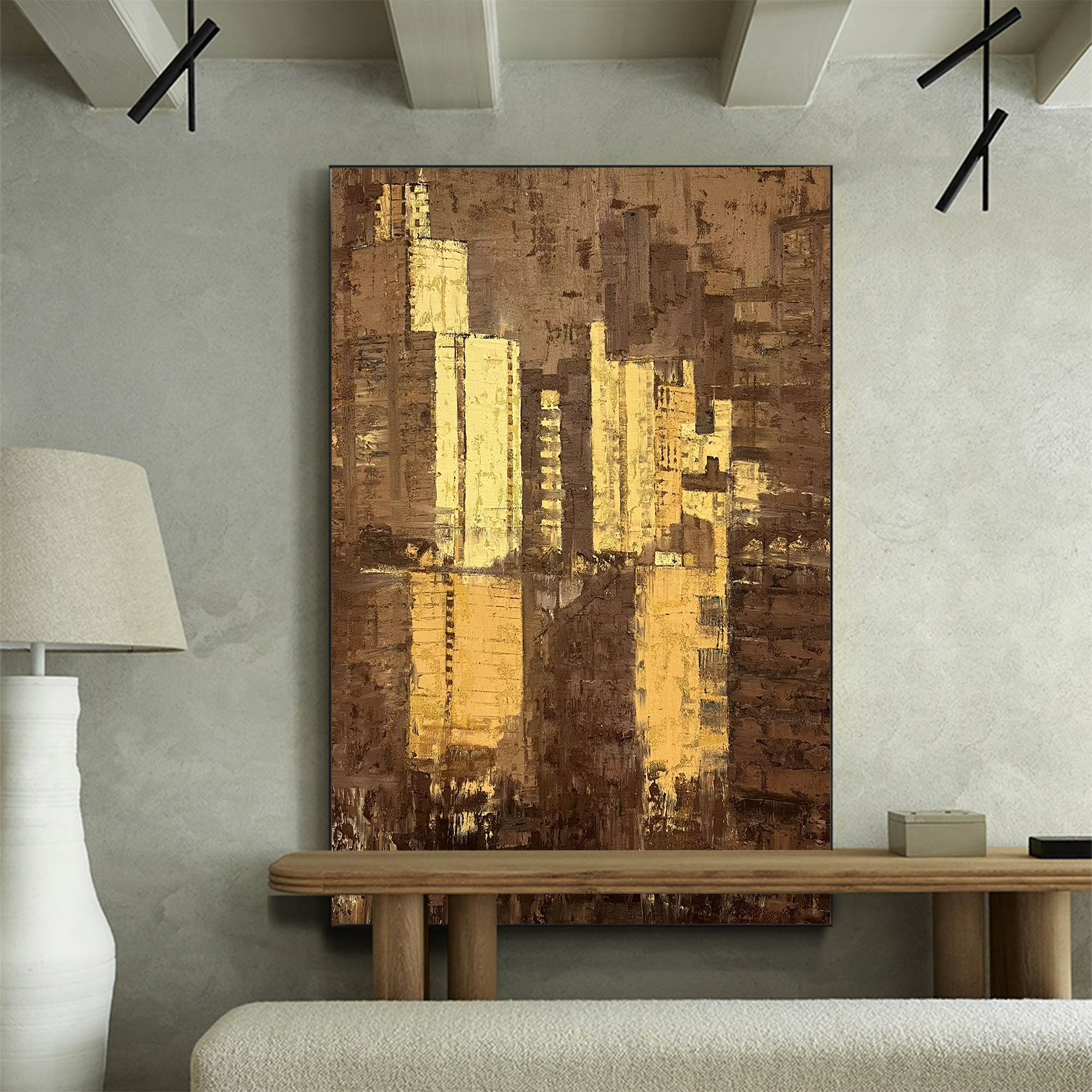 Large Brown Gold Abstract Cityscape Canvas Art Modern Abstract Wall Art ...