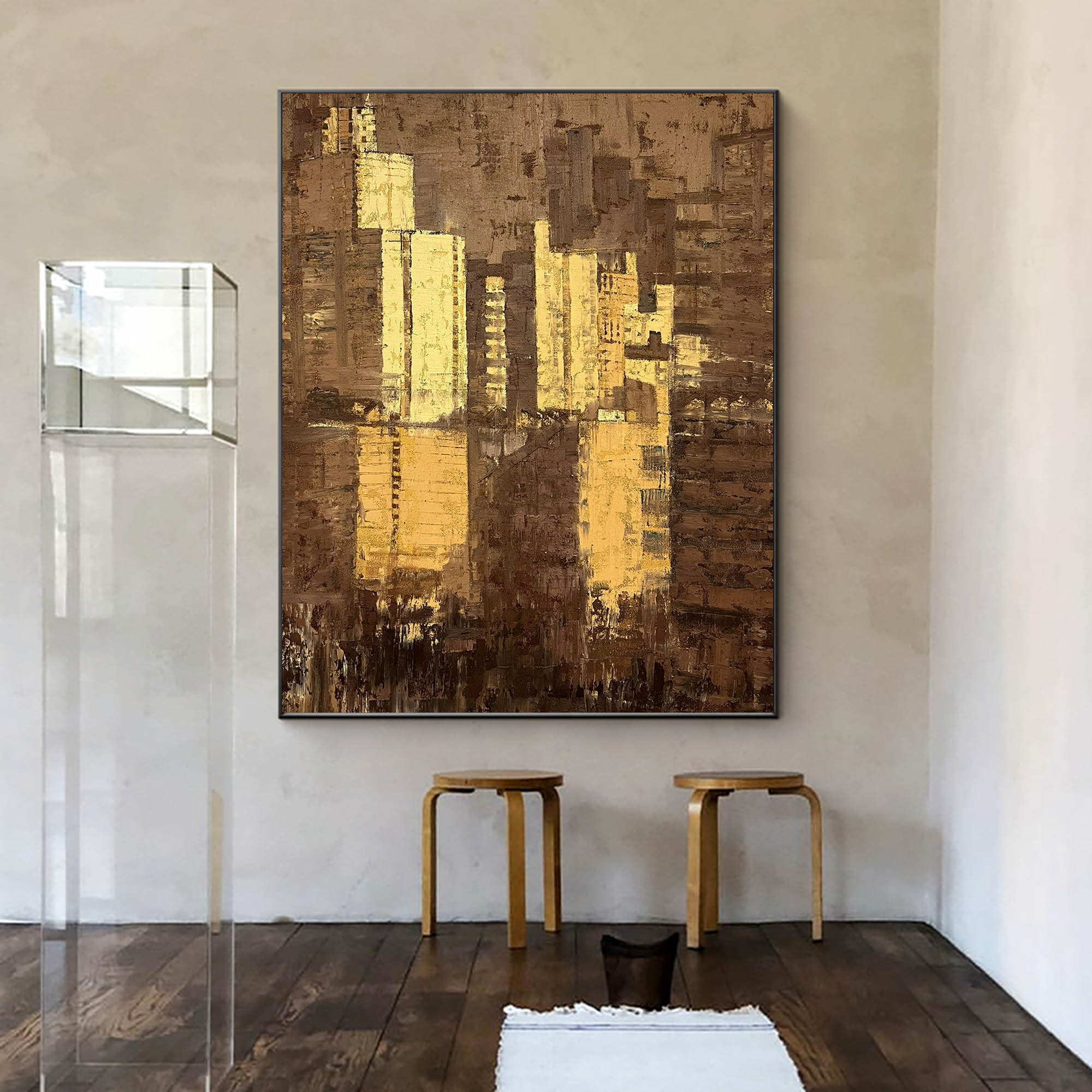 Large Brown Gold Abstract Cityscape Canvas Art Modern Abstract Wall Art ...
