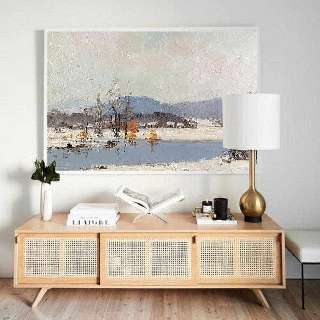 White Winter Scene Snow Tree Rural Landscape Canvas Wall Art Large Snow ...